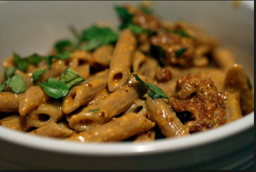 Pasta with spicy sausage, fresh basil and Dijon mustard - Tastetickler