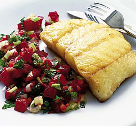 Seared fish with beet, avocado, garbanzo bean and pecan salsa ...
