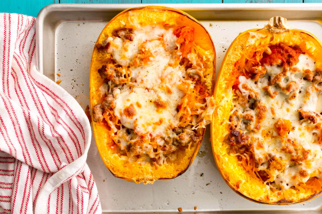 Baked spaghetti squash with Italian sausage, basil and mozzarella ...
